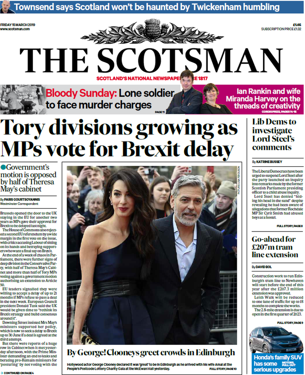 Scotland's papers: Brexit delays and Clooneys visit Edinburgh - BBC News