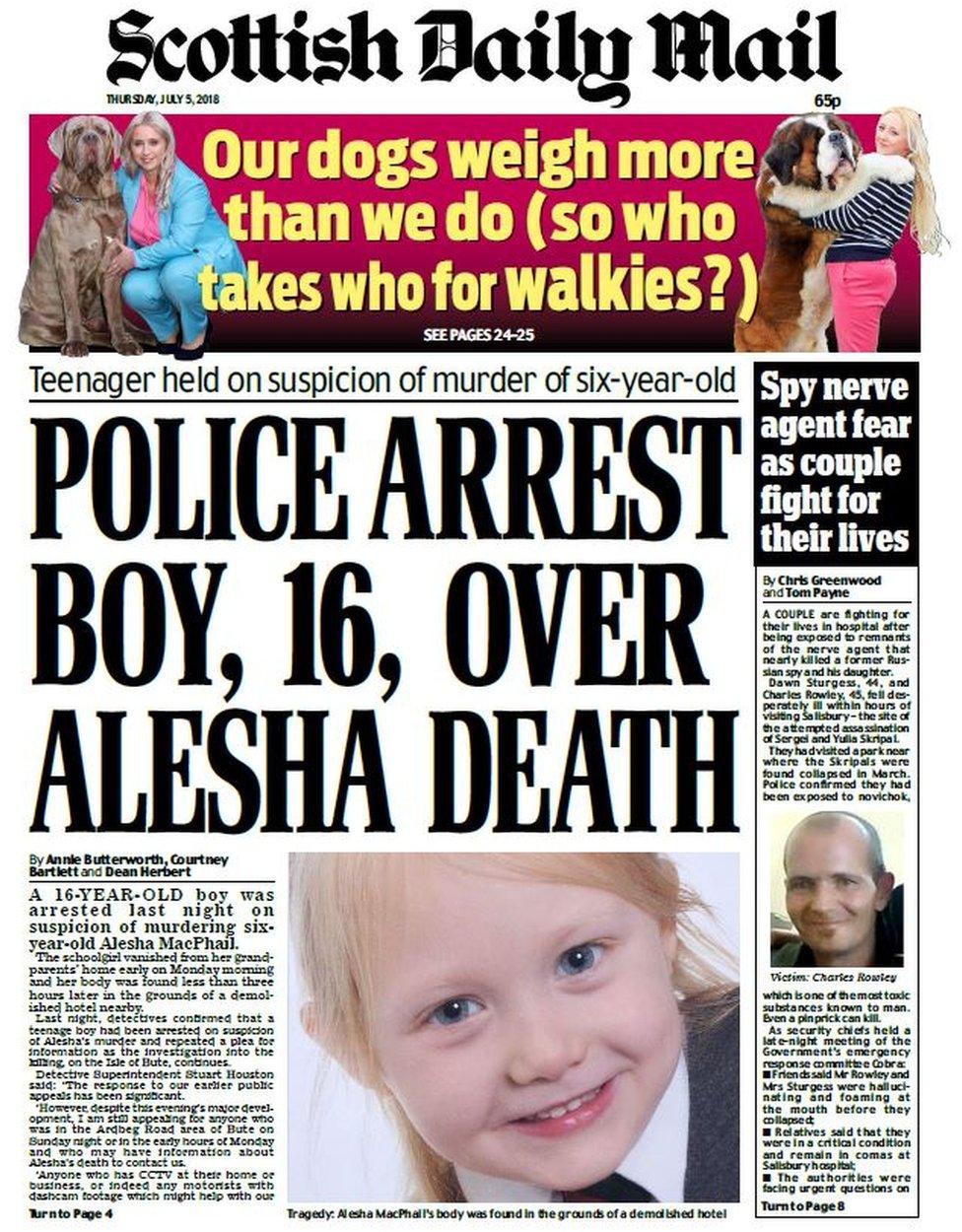 The papers: Alesha murder police arrest boy on Bute - BBC News