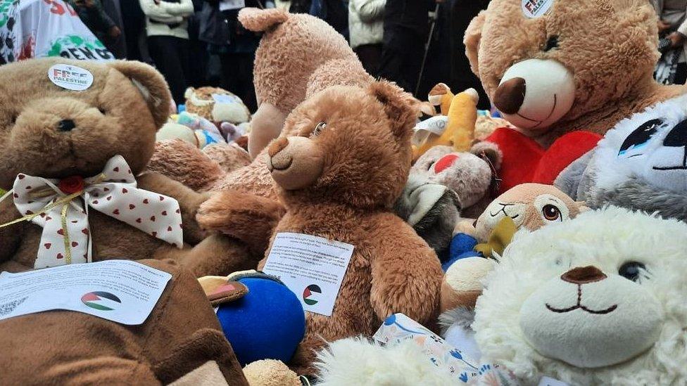 Teddy bears given out at pro-Palestinian rally in Preston - BBC News