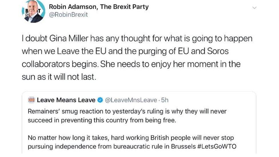 Brexit candidate Robin Adamson apologies for 'purge' tweet - BBC News
