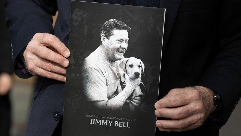 Hundreds gather at Ibrox Stadium for Jimmy Bell funeral cortege - BBC News