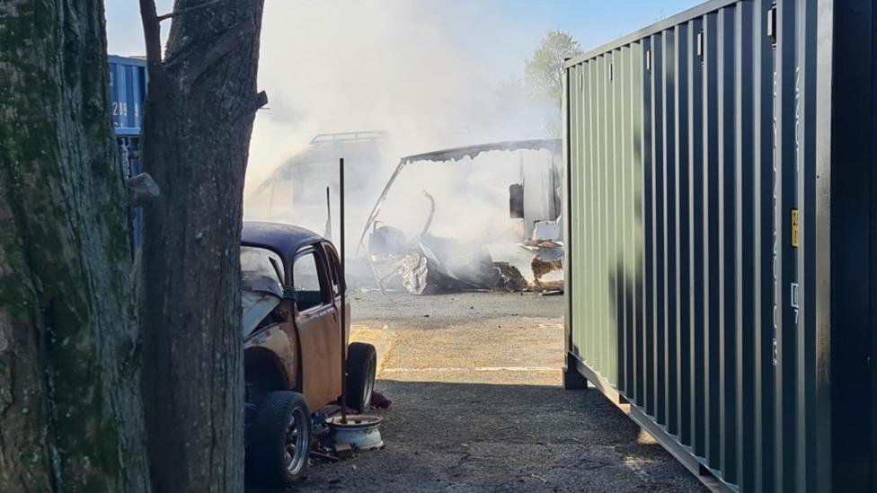 Caravans destroyed in Plymouth storage facility fire - BBC News