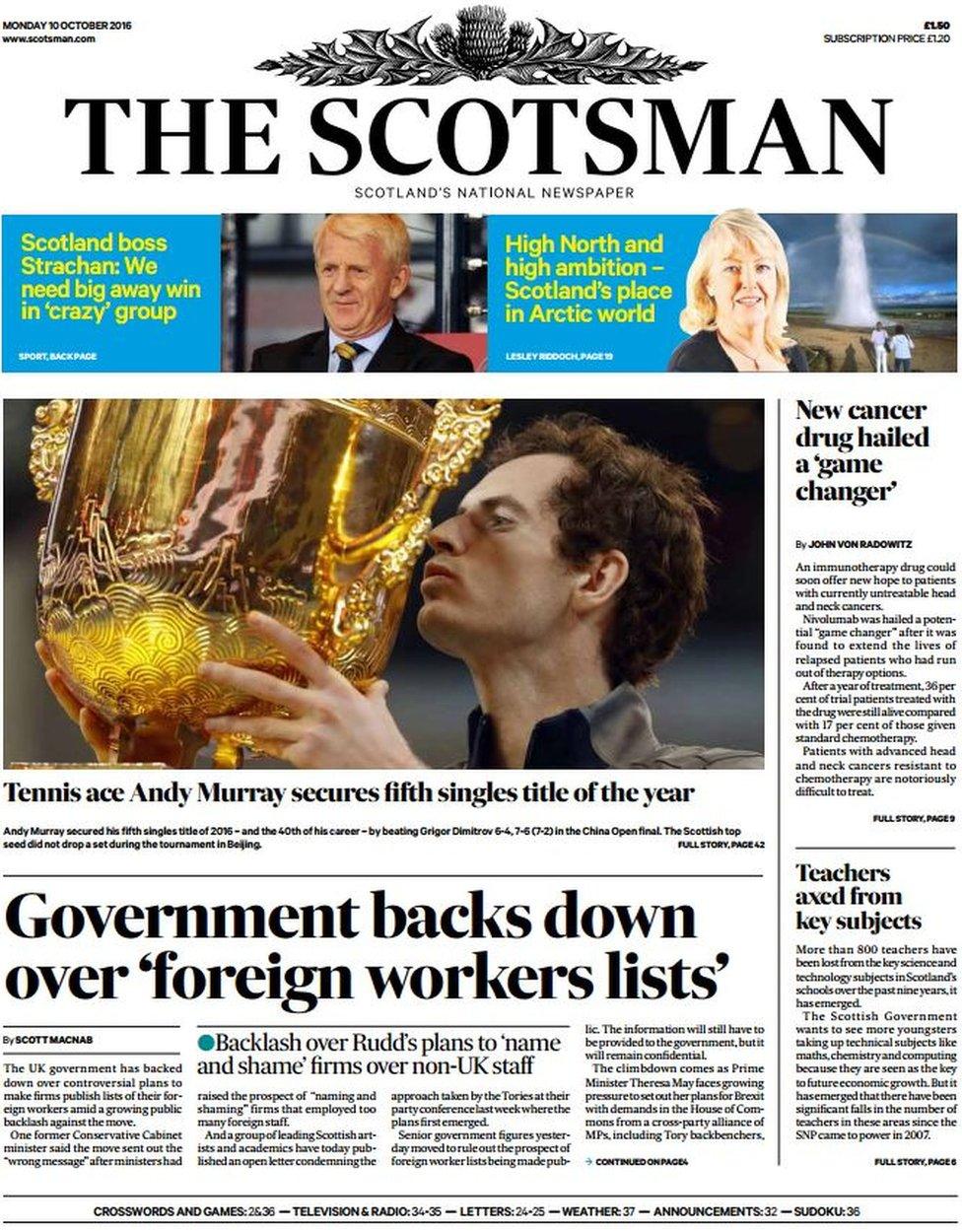 Scotland's papers: Murray's China win and 'tea break' axe - BBC News