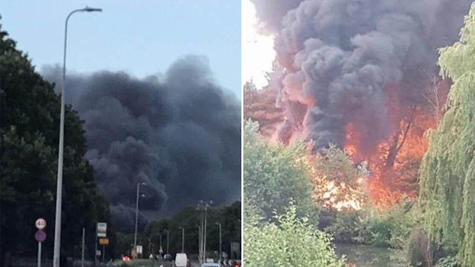 Smoke seen across Stevenage after Fairlands Valley Park fire - BBC News