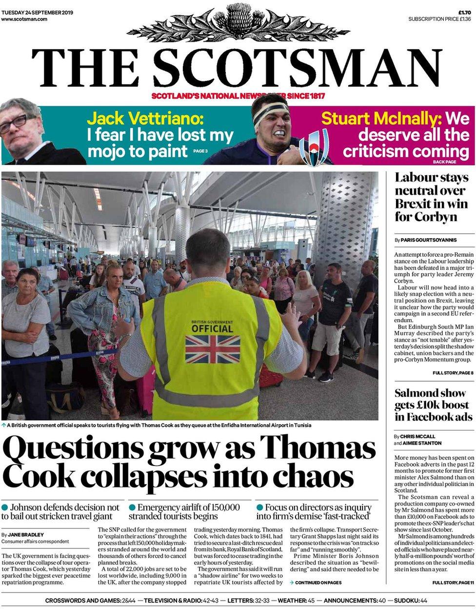Scotland's papers: Thomas Cook 'fat cats' and holiday 'heartbreak ...