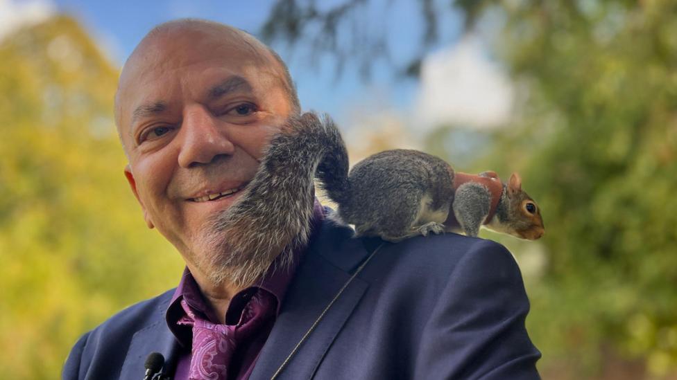 Rescued Hailsham squirrel is man's constant companion - BBC News