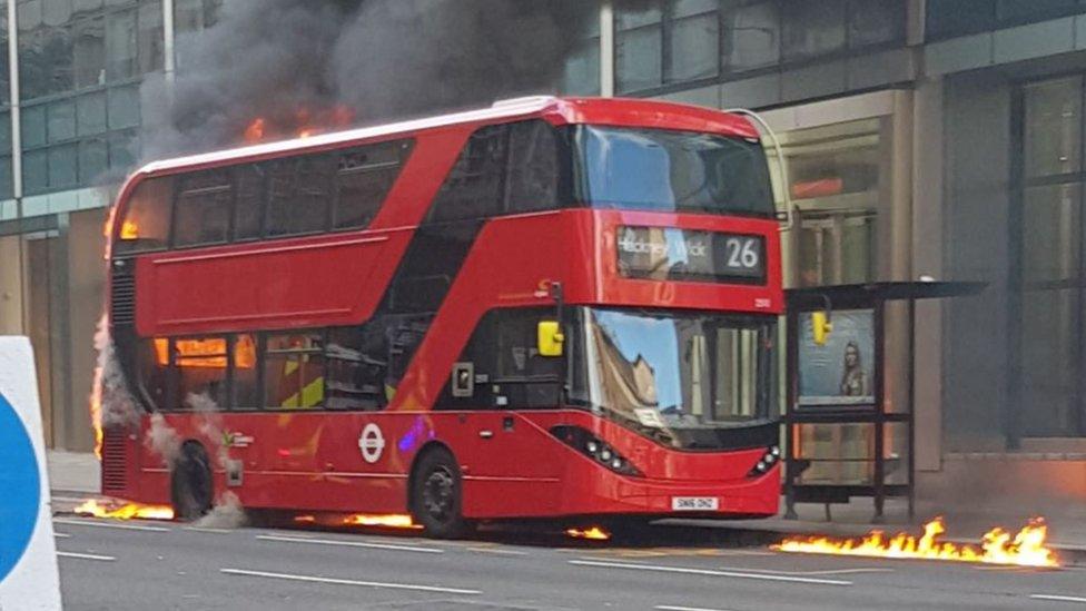 Double-decker bus catches fire near Liverpool Street station - BBC News