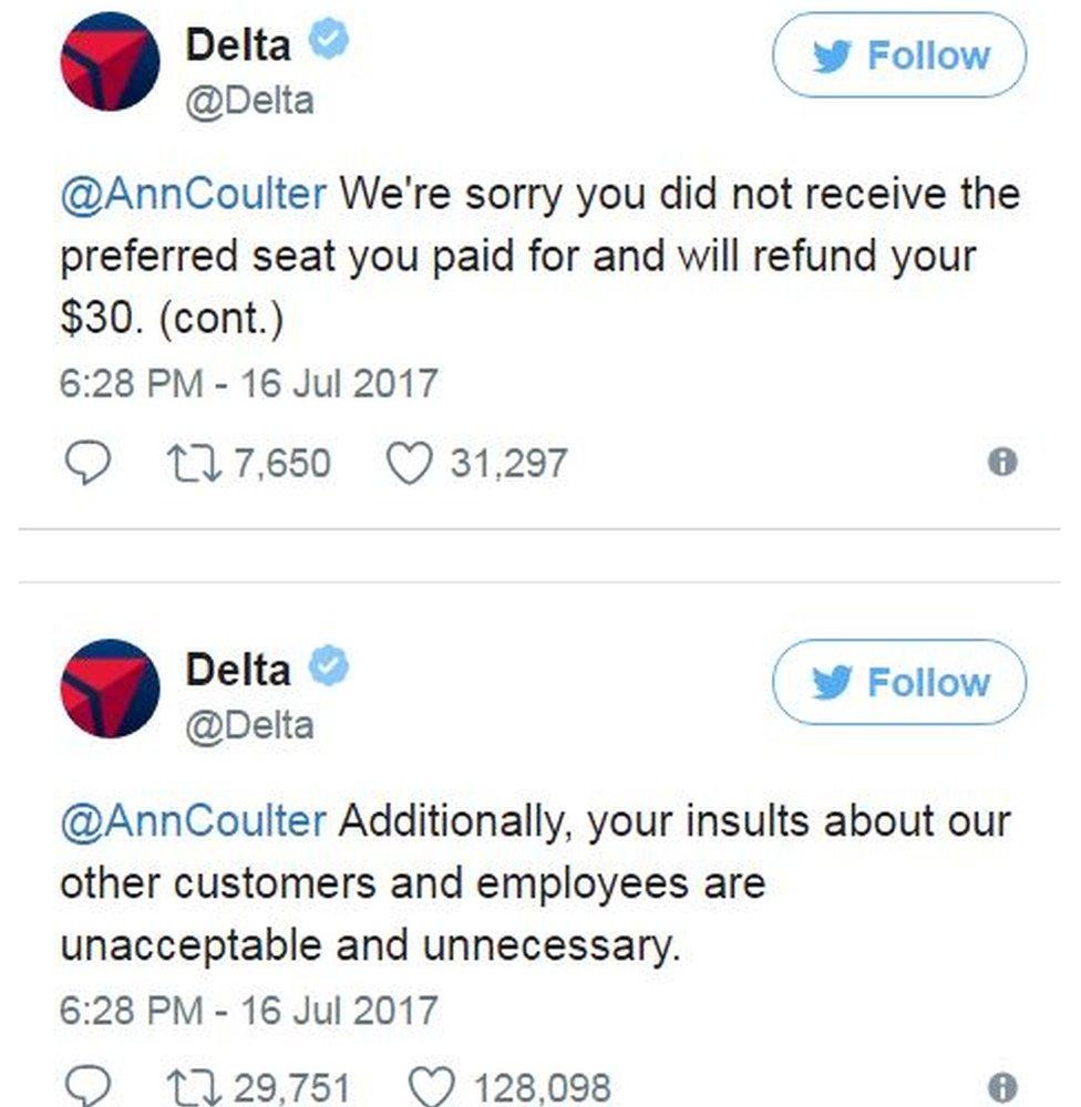 Delta hits back against conservative author Ann Coulter - BBC News