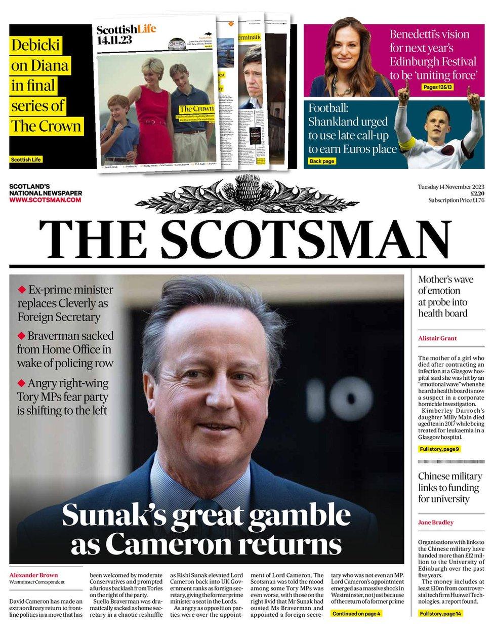 Scotland's papers: Sunak's Cameron 'gamble' and FM calls for election ...