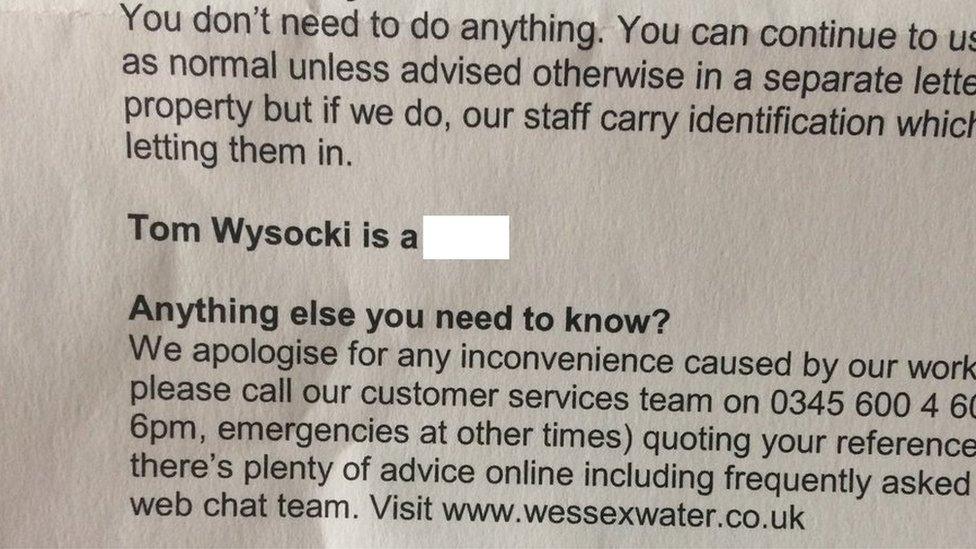 Wessex Water apology for 'Tom Wysocki' letter insult - BBC News