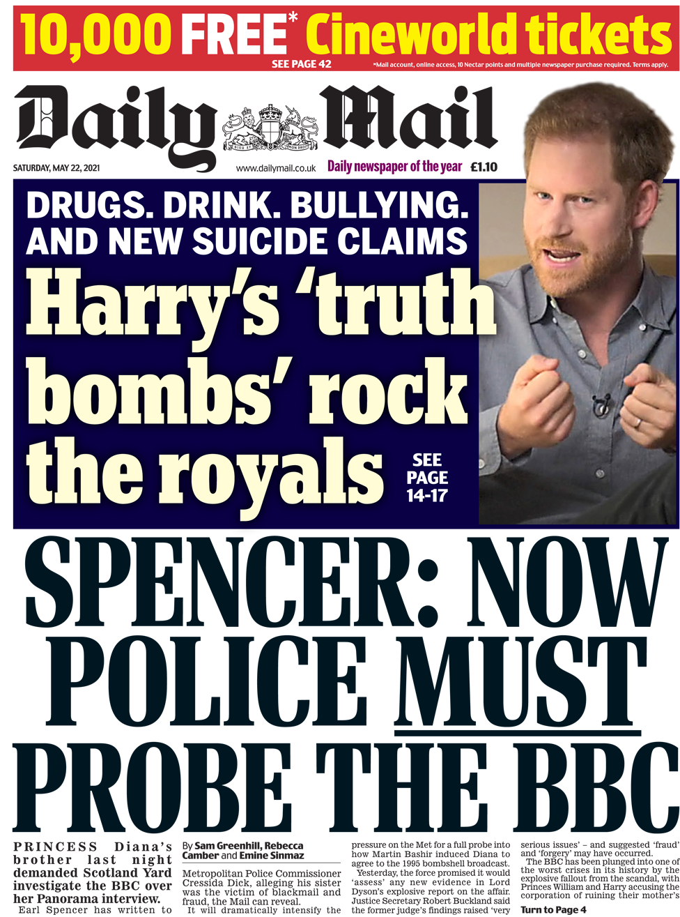 Newspaper headlines: Fallout for BBC after Diana report, and Harry ...