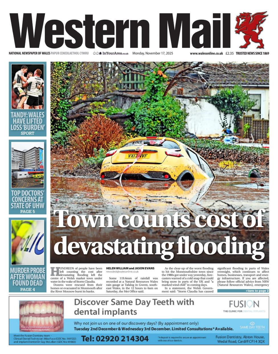 Wales' papers: Town counts flood costs and medics damning UHW letter ...