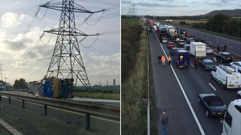 M56 closed near Daresbury after tanker overturns - BBC News