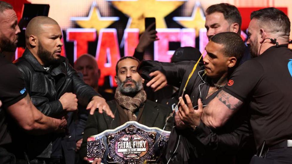 Eubank vs Benn: Chris Eubank Jr slaps Conor Benn with egg during face ...