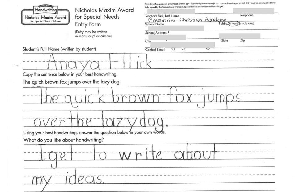 Handless seven-year-old girl wins US handwriting contest - BBC News