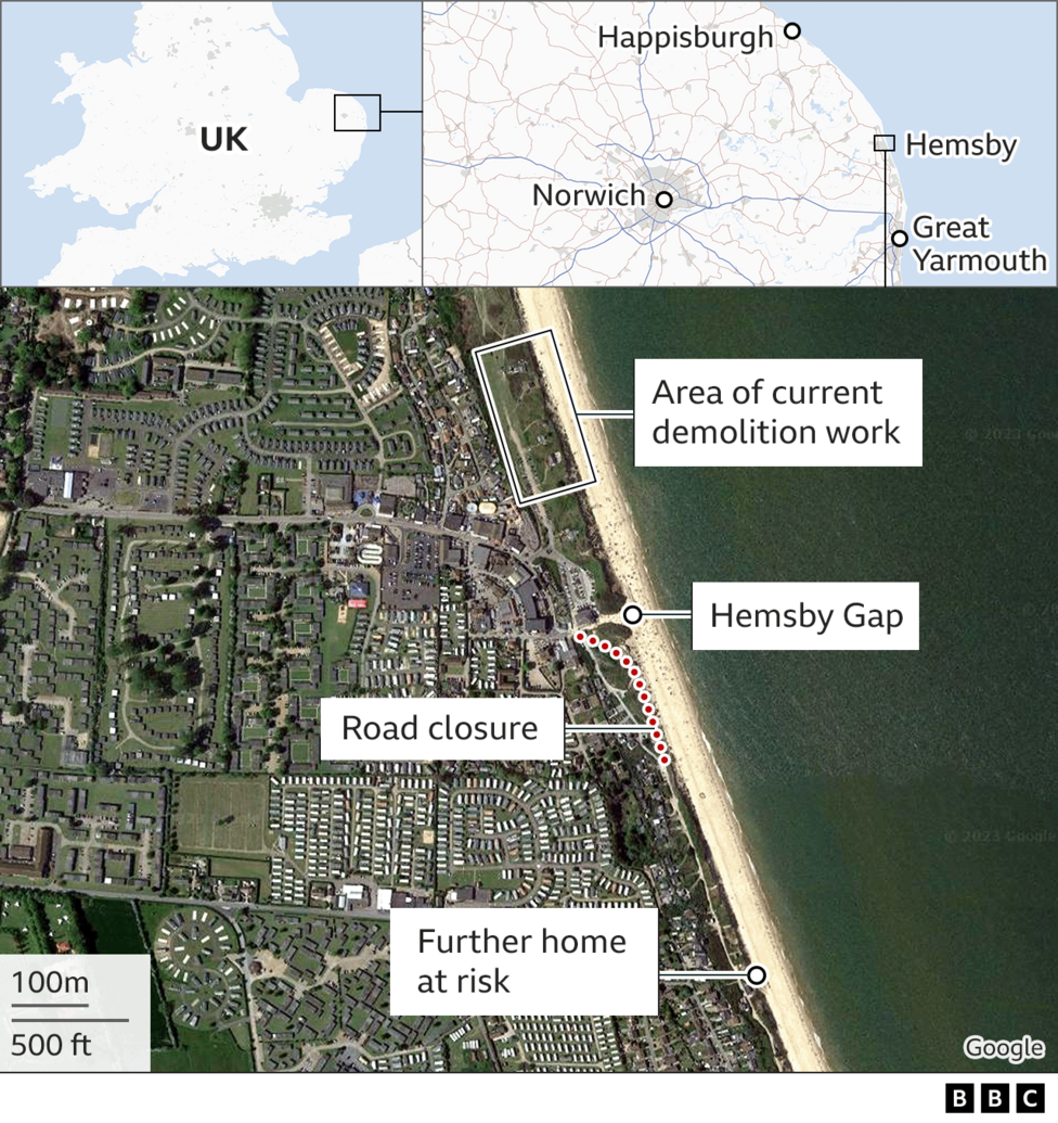 Hemsby: Two more homes on cliff edge demolished - BBC News