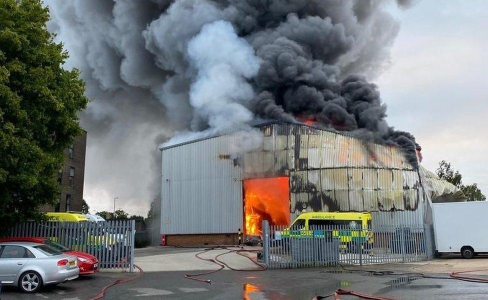 Firefighters tackle blaze at Thurrock ambulance firm base - BBC News
