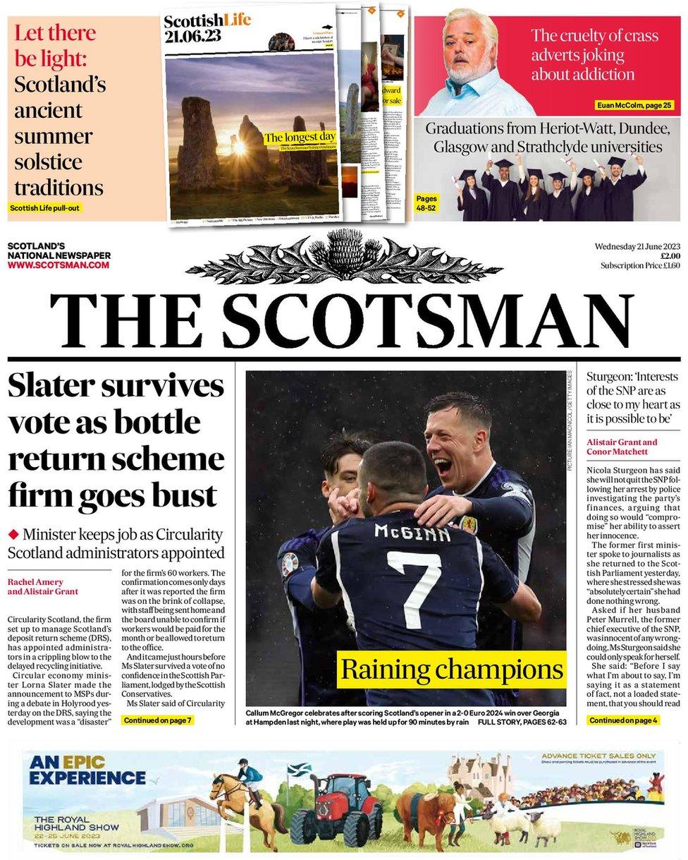 Scotland's papers: Hours to save sub crew and Slater survives vote ...