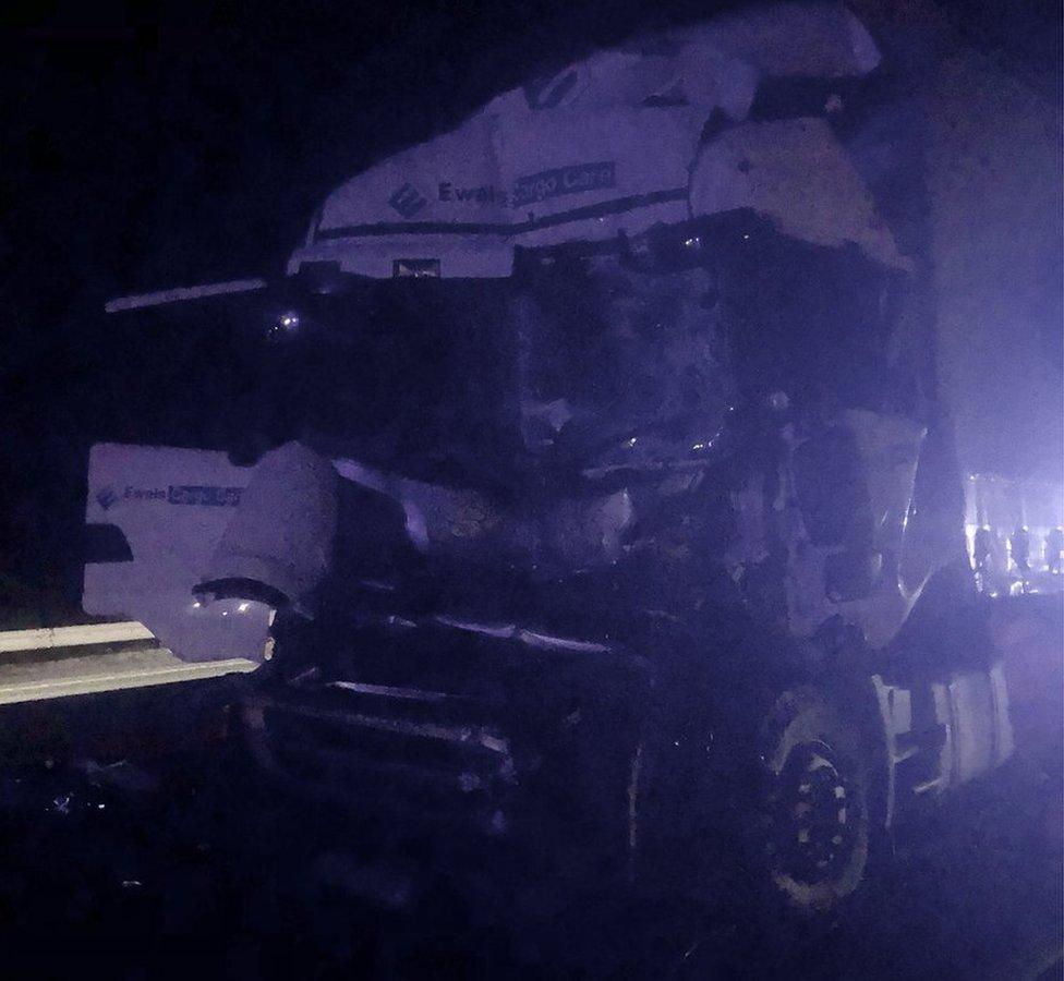 Lorry driver 'lucky' to escape injury in A14 tailback crash - BBC News