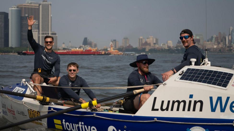 Hamble rower and team back on land after Atlantic crossing - BBC News