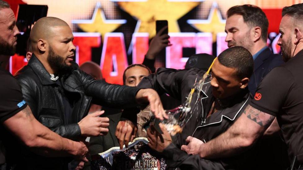 Eubank vs Benn: Chris Eubank Jr slaps Conor Benn with egg during face ...