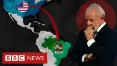 Presidente Lula ao lado de ilustração do Brasil 