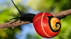 Un primer plano de un caracol en una rama del bosque, con una concha de color rojo vivo con bandas negras y blancas y un centro amarillo.