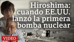 En el fondo una foto de Hiroshima, a la izquierda una señora y un señor japoneses y a la derecha se lee el texto: Hiroshima: cuando EE.UU. lanzó la primera bomba nuclear