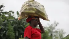 Wata mata ɗauke da masara a cikin buhu a wata gona da ke jihar Benue ta Najeriya.