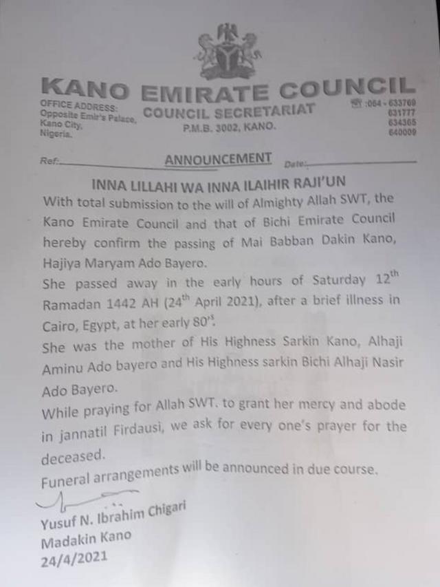Emir of Kano mother: Hajiya Maryam Ado Bayero death and burial - BBC ...