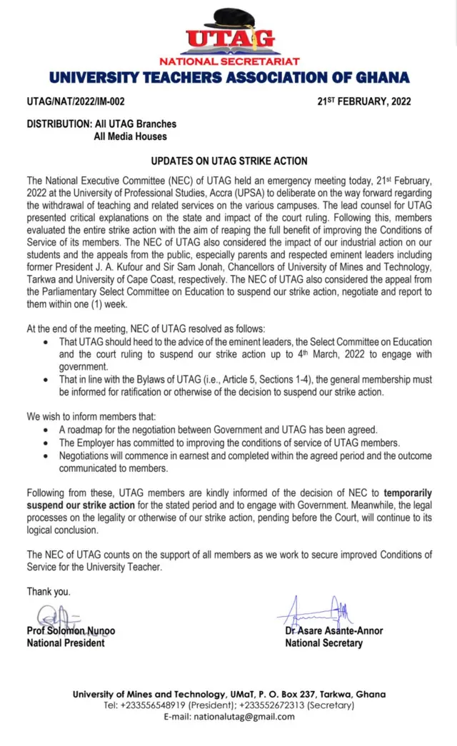 UTAG Strike update: Ghana University lecturers suspend action - BBC News Pidgin