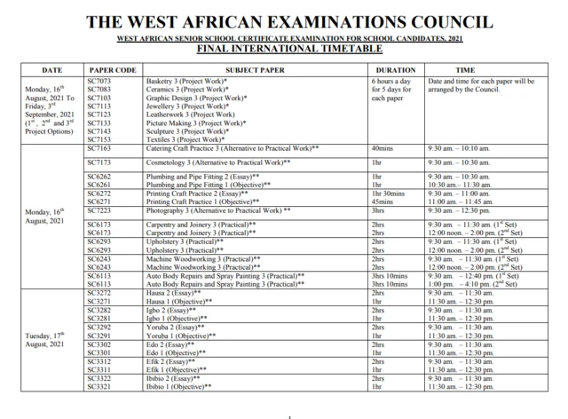 WAEC Timetable: WAEC announce 2021 WASSCE to start August 16, demand ...