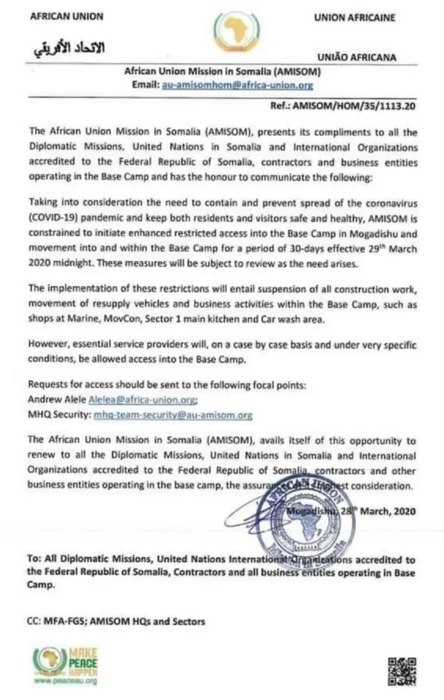 Coronavirus: AMISOM oo xayiraad ku soo rogtay xeradeedii ugu waynayd ee ...