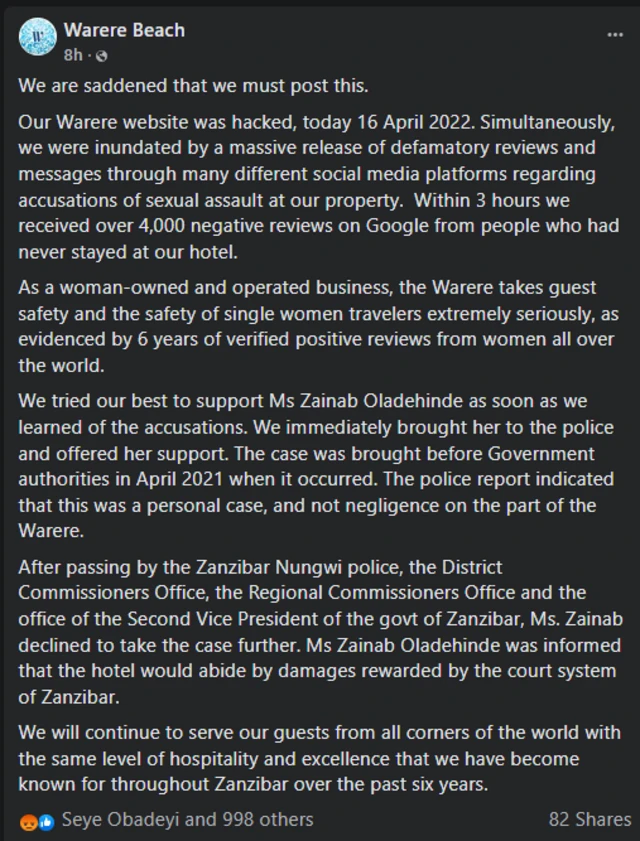 Warere beach hotel Zanzibar: Zainab Oladehinde sexual assault claim ...