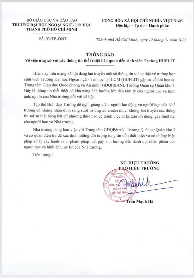 Cáo buộc sinh viên HUFLIT bị 'hiếp dâm tập thể' tại trường Quân khu 7 ...