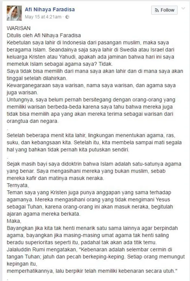 Afi Nihaya, remaja Banyuwangi yang dicerca dan dipuji karena bicara toleransi - BBC News Indonesia