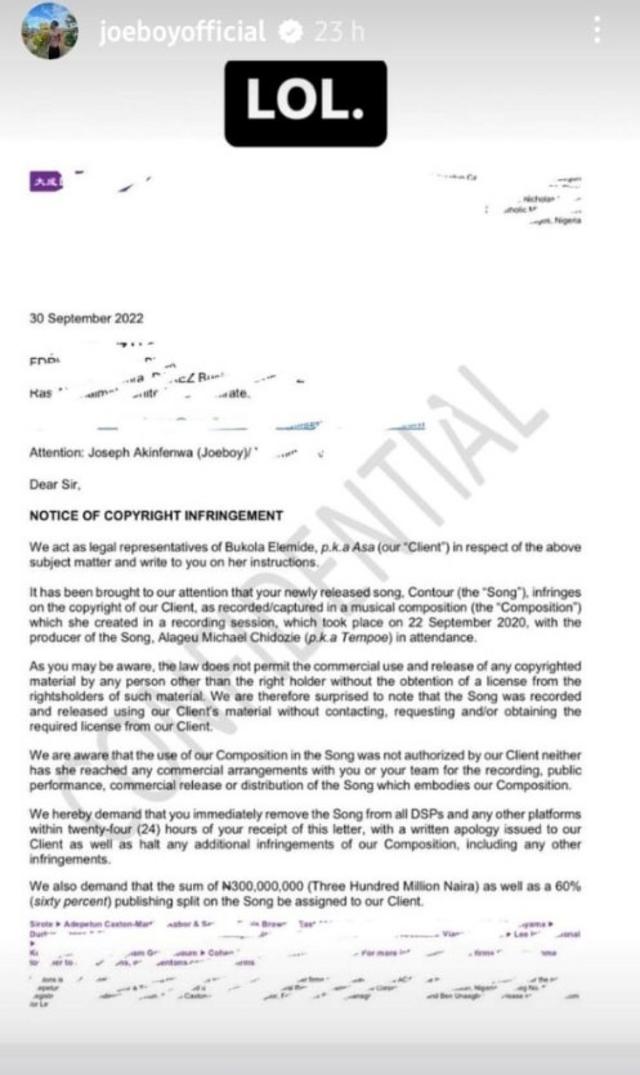 Joeboy don react to Asa demand for N300m copyright infringement - BBC News Pidgin
