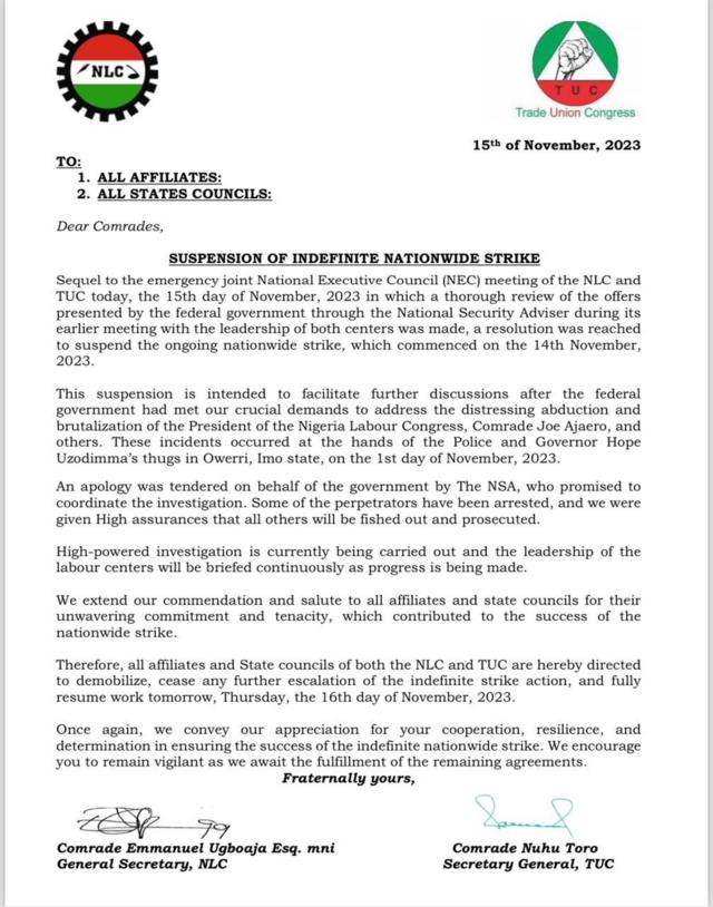 NLC strike suspended: NLC, TUC suspend nationwide strike afta intervention by National security ...
