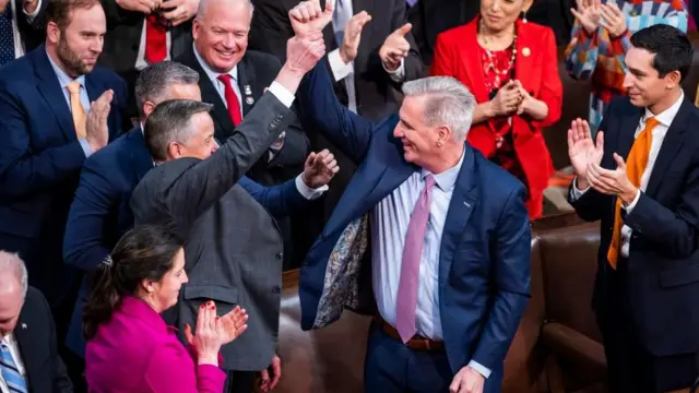 Republican Leader Kevin McCarthy gestures after lawmakers voted him to be the next speaker of the House of Representatives in the US Capitol in Washington, DC, USA 07 January 2023