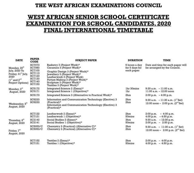 WAEC timetable for 2020 August West African Examinations Council ...