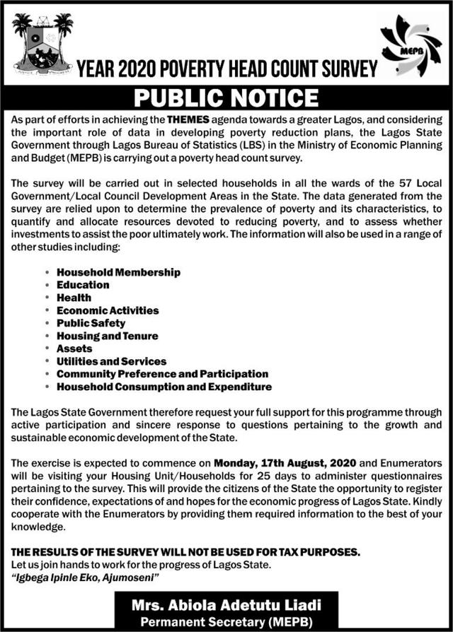 Lagos govt. 'poverty head count' survey for 2020 go last for 25 days ...