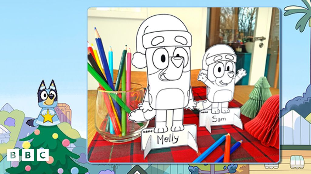 Bluey Christmas table decoration name card | Kids colour in - CBeebies