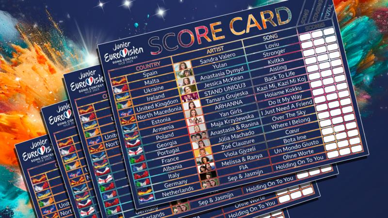 Junior Eurovision 2023 - party ideas - score card - CBBC