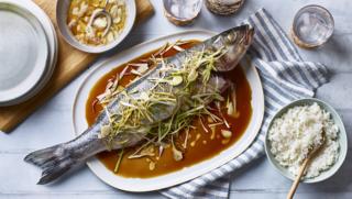 Steamed sea bass with garlic and ginger recipe - BBC Food