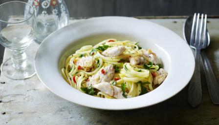 Red mullet with linguine tossed in chilli and garlic recipe - BBC Food