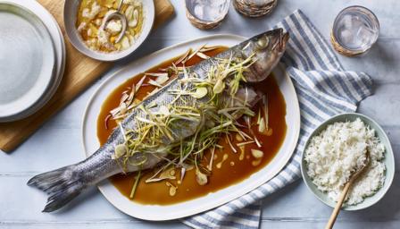 Steamed sea bass with garlic and ginger recipe - BBC Food