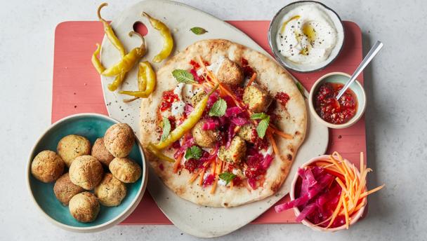 Falafel with pickled red cabbage and whipped feta recipe - BBC Food