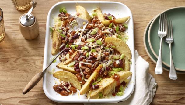 Loaded potato wedges with chilli beans recipe - BBC Food