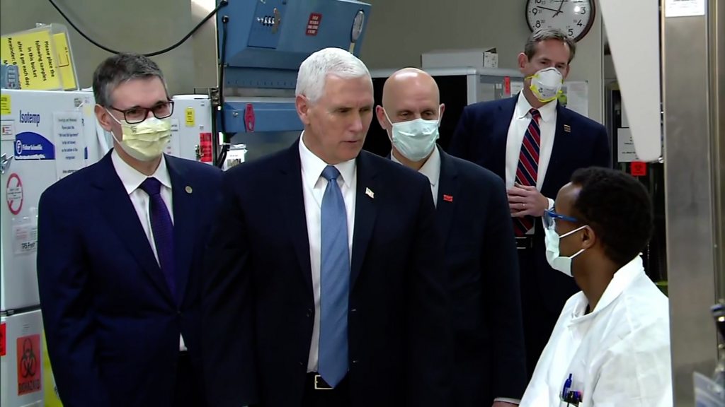Coronavirus: Mike Pence appears without virus mask at hospital - BBC News