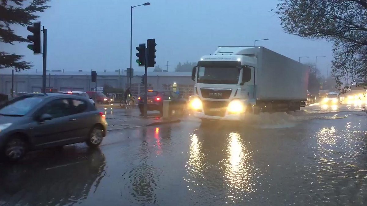 BBC One - Look East, Burst water main causes A505 flood
